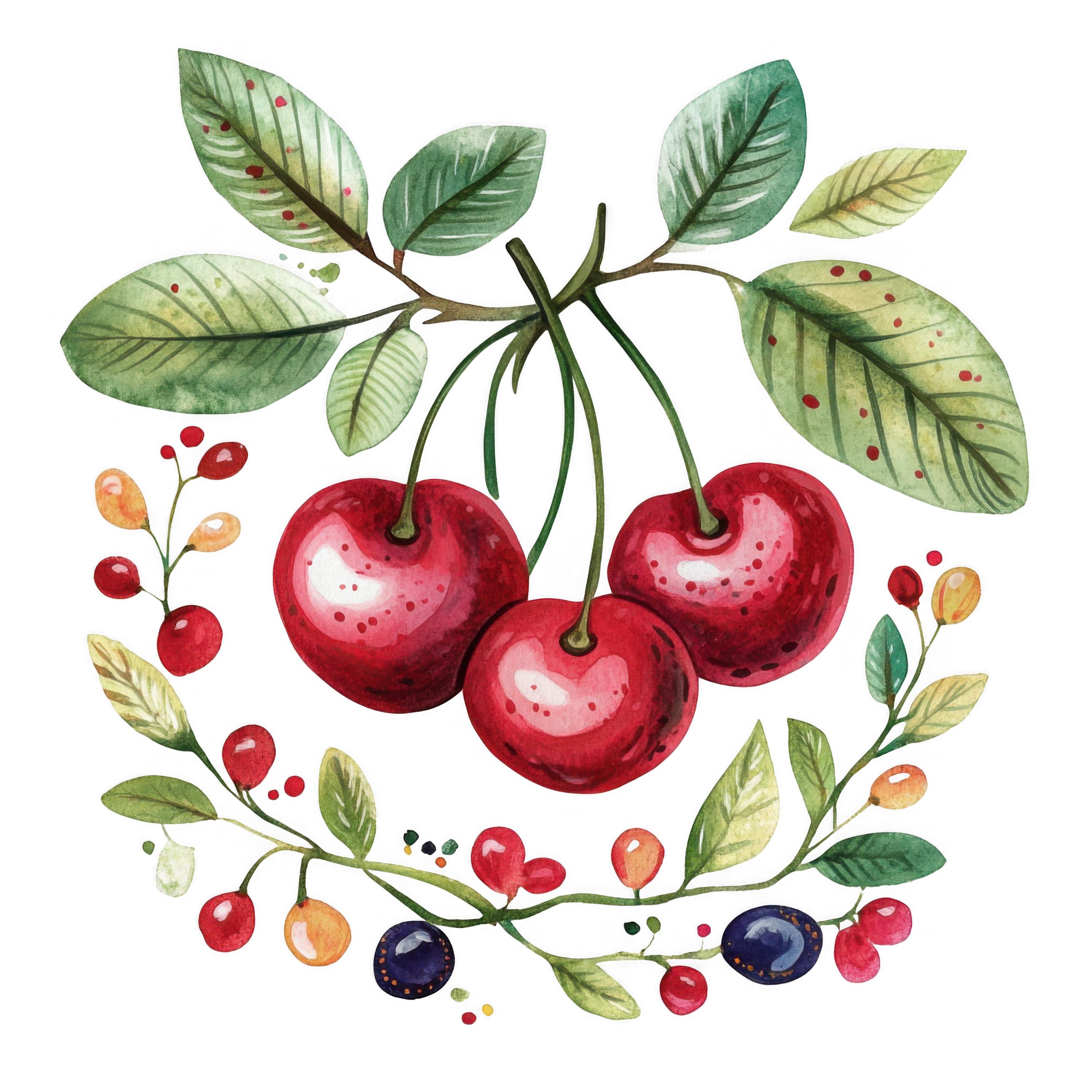 13 Watercolor Cherry Clipart Cherries Scandinavian Folk Art Clip Art ...