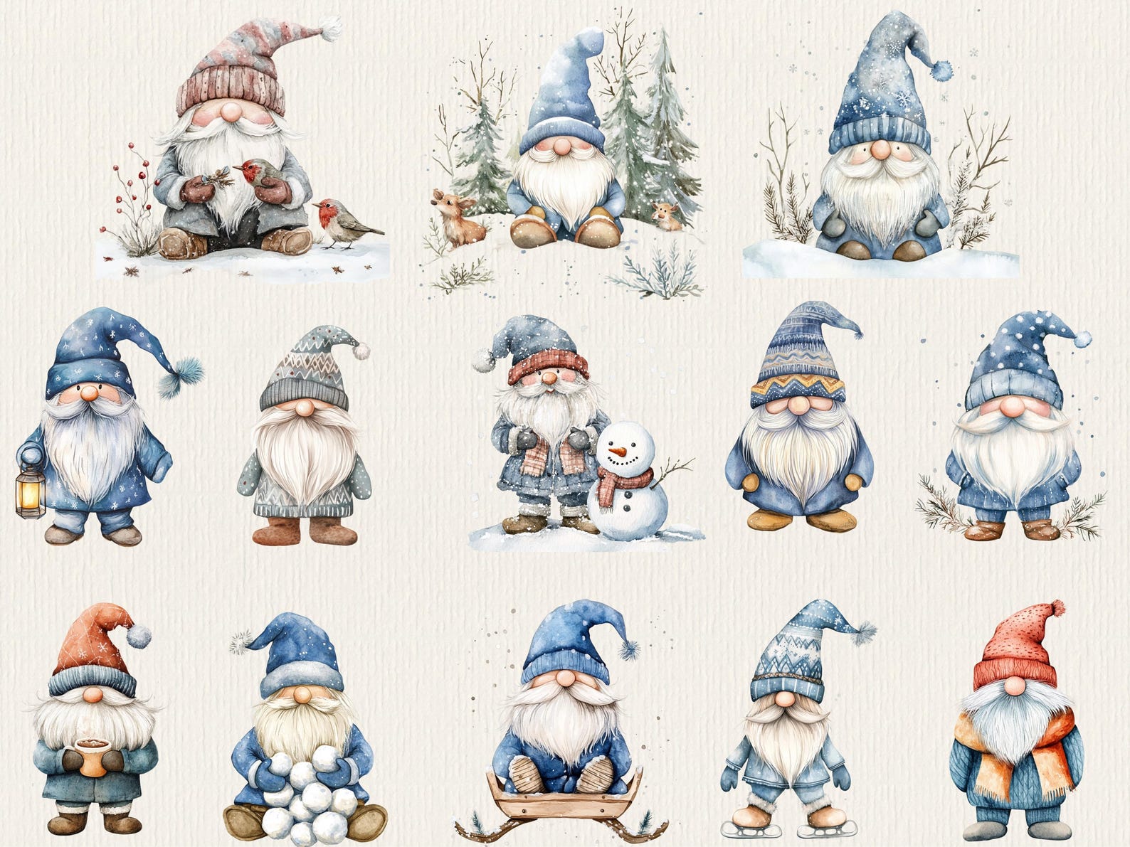 Watercolor Winter Gnomes Clipart Whimsical Festive Gnomes Clip Art Cute ...