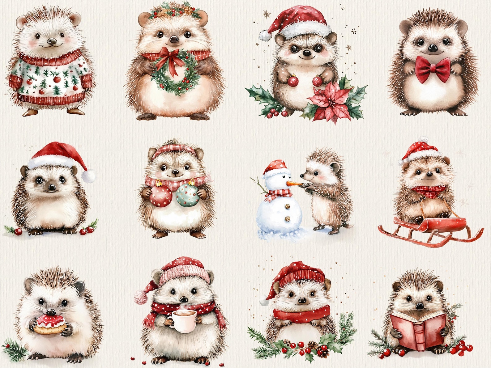 Watercolor Christmas Hedgehogs Clipart Cute Christmas Clip Art Cute ...