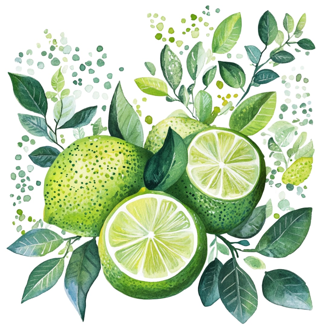 12 Watercolor Lime Clipart Limes Scandinavian Folk Art Clip Art Fruit ...