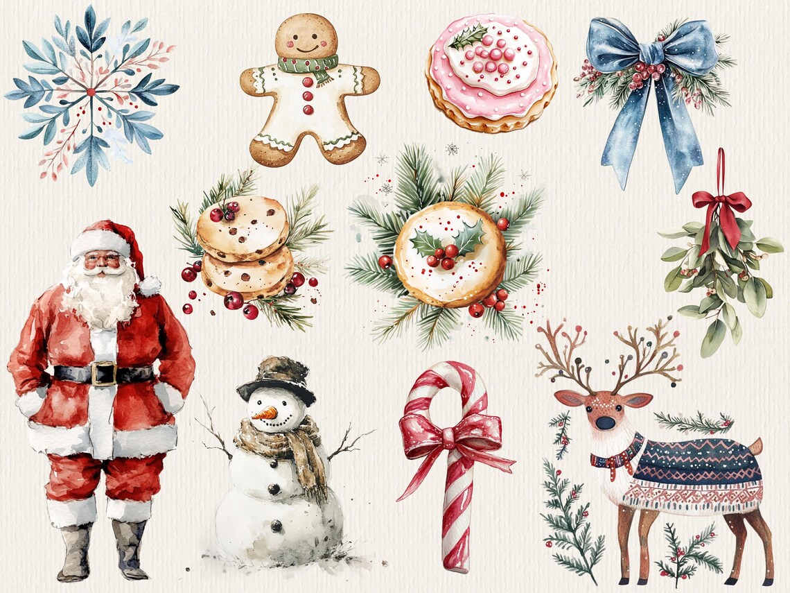 Watercolor Vintage Christmas Elements Clipart Bundle Cozy Christmas ...
