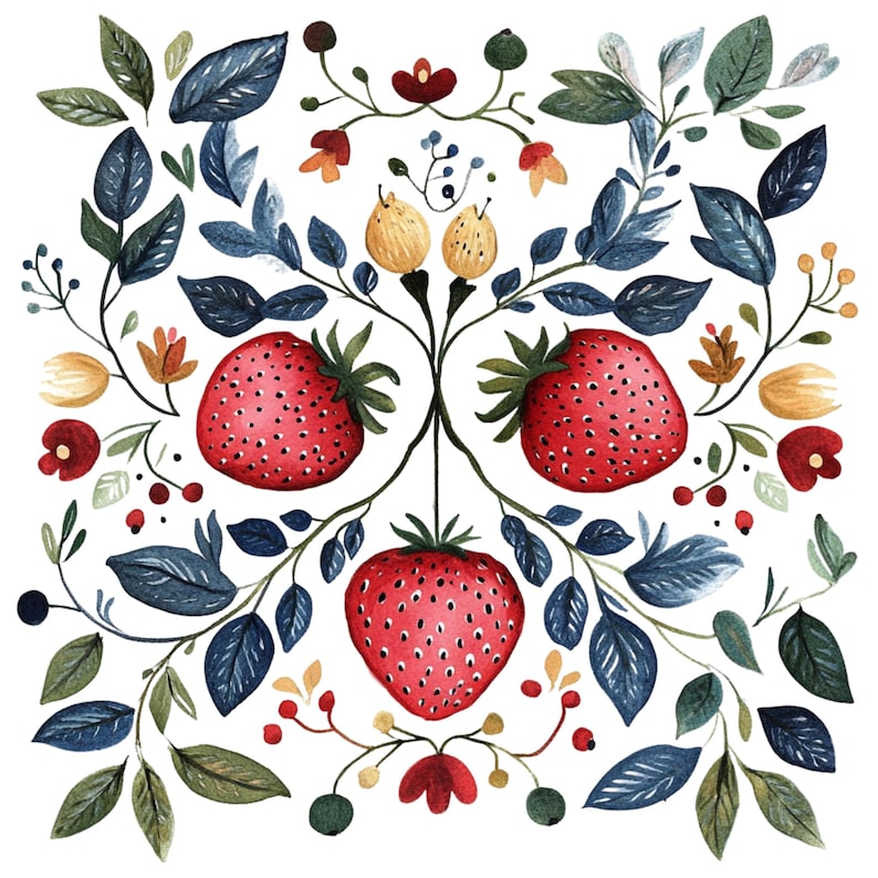 12 Watercolor Strawberry Clipart Strawberries Scandinavian Folk Art ...