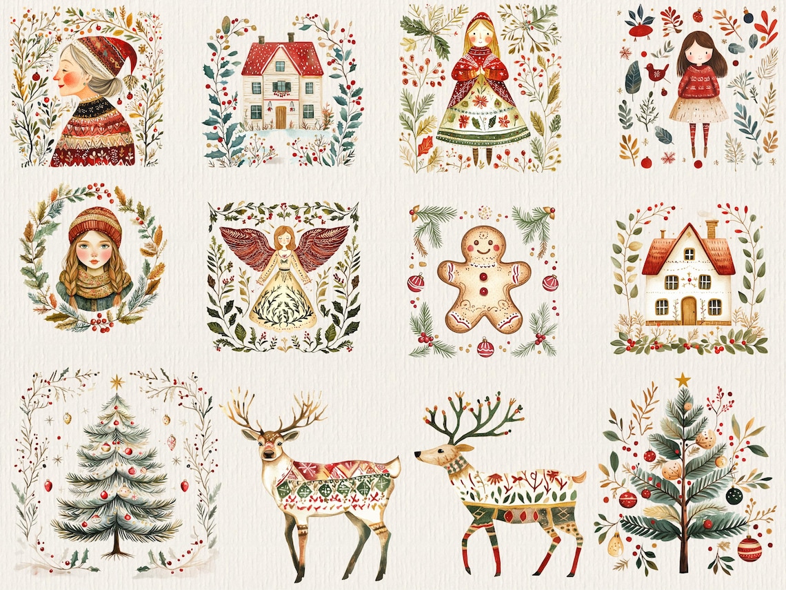 Watercolor Scandinavian Winter Clipart Christmas Folk Art Illustrations ...