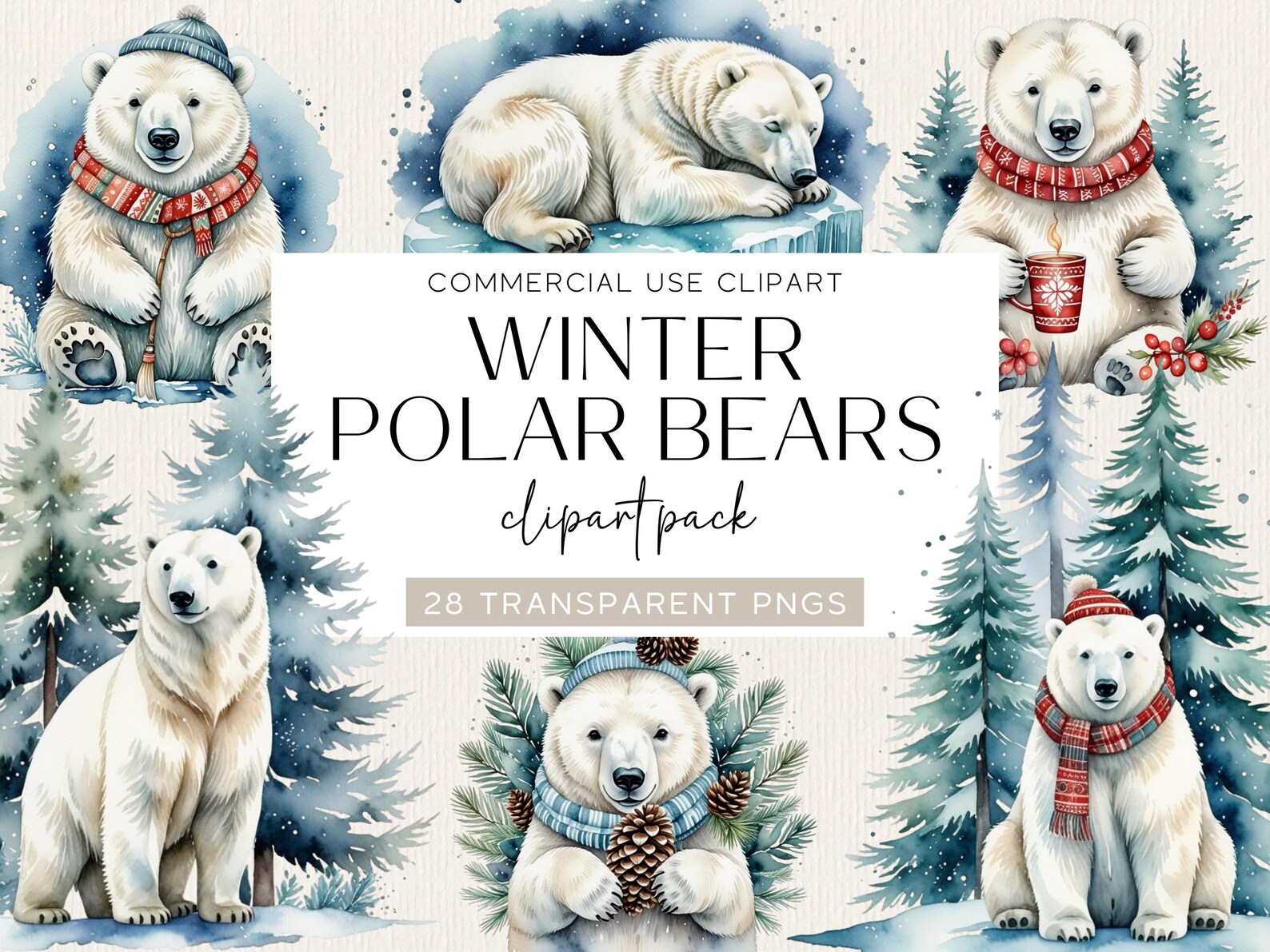 Winter Polar Bears Clipart Winter Wonderland Clip Art Watercolor Arctic ...