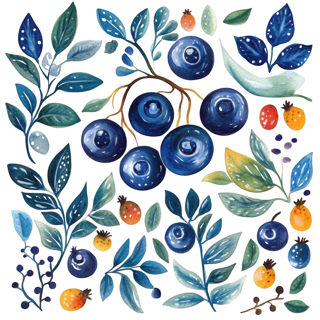 13 Watercolor Blueberry Clipart Blueberries Scandinavian Folk Art Clip ...
