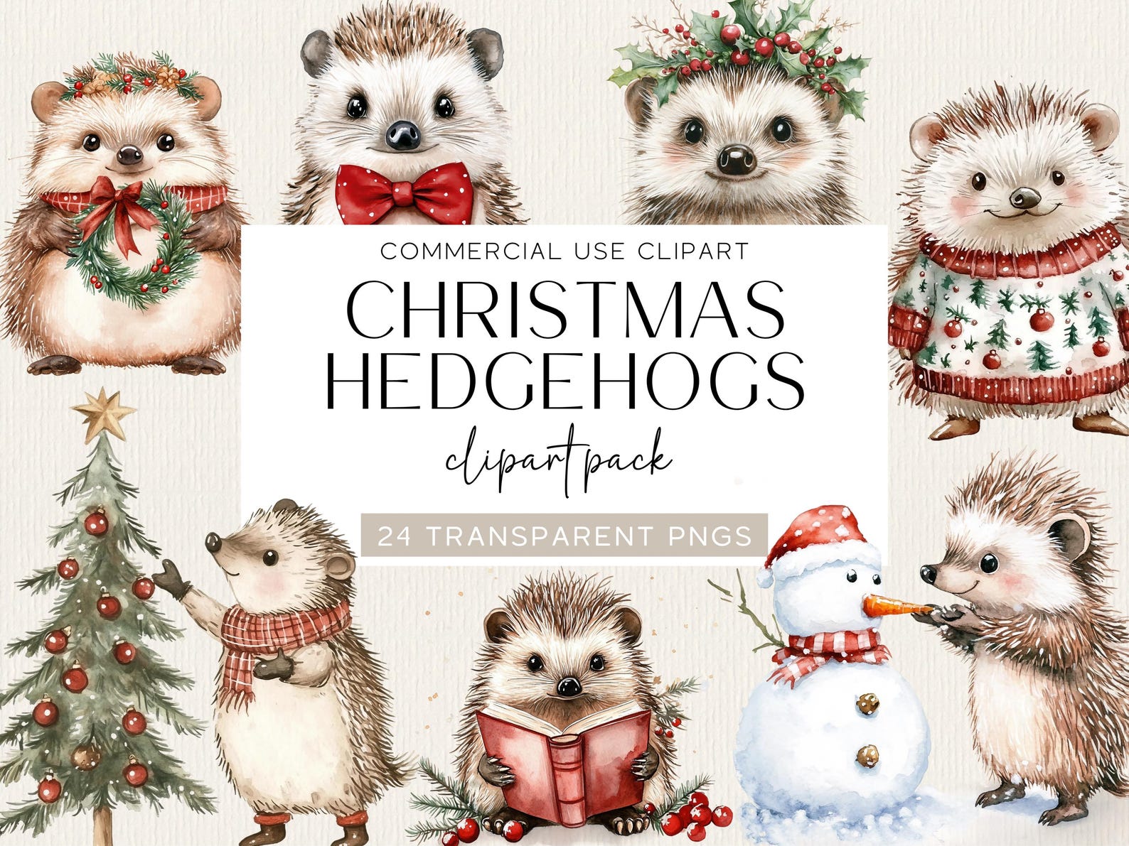Watercolor Christmas Hedgehogs Clipart Cute Christmas Clip Art Cute ...