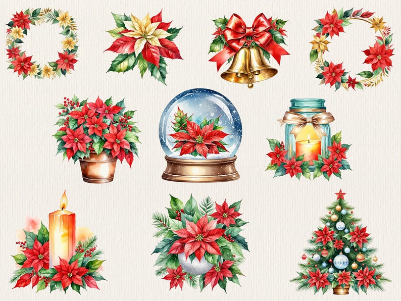 Watercolor Christmas Poinsettias Clipart Christmas Clip Art Poinsettia ...