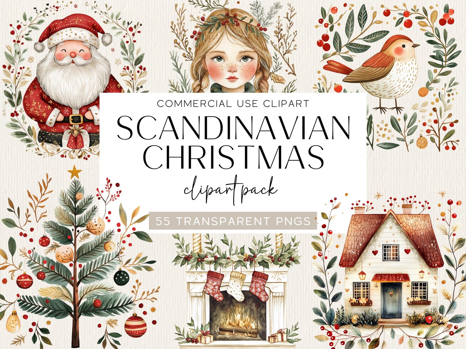Watercolor Scandinavian Winter Clipart Christmas Folk Art Illustrations ...