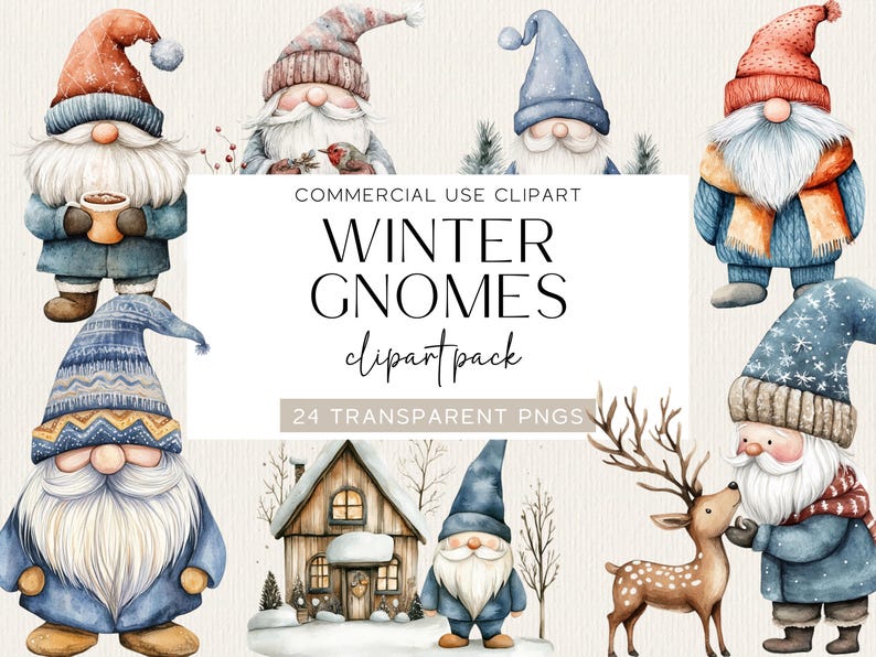 Watercolor Winter Gnomes Clipart Whimsical Festive Gnomes Clip Art Cute ...