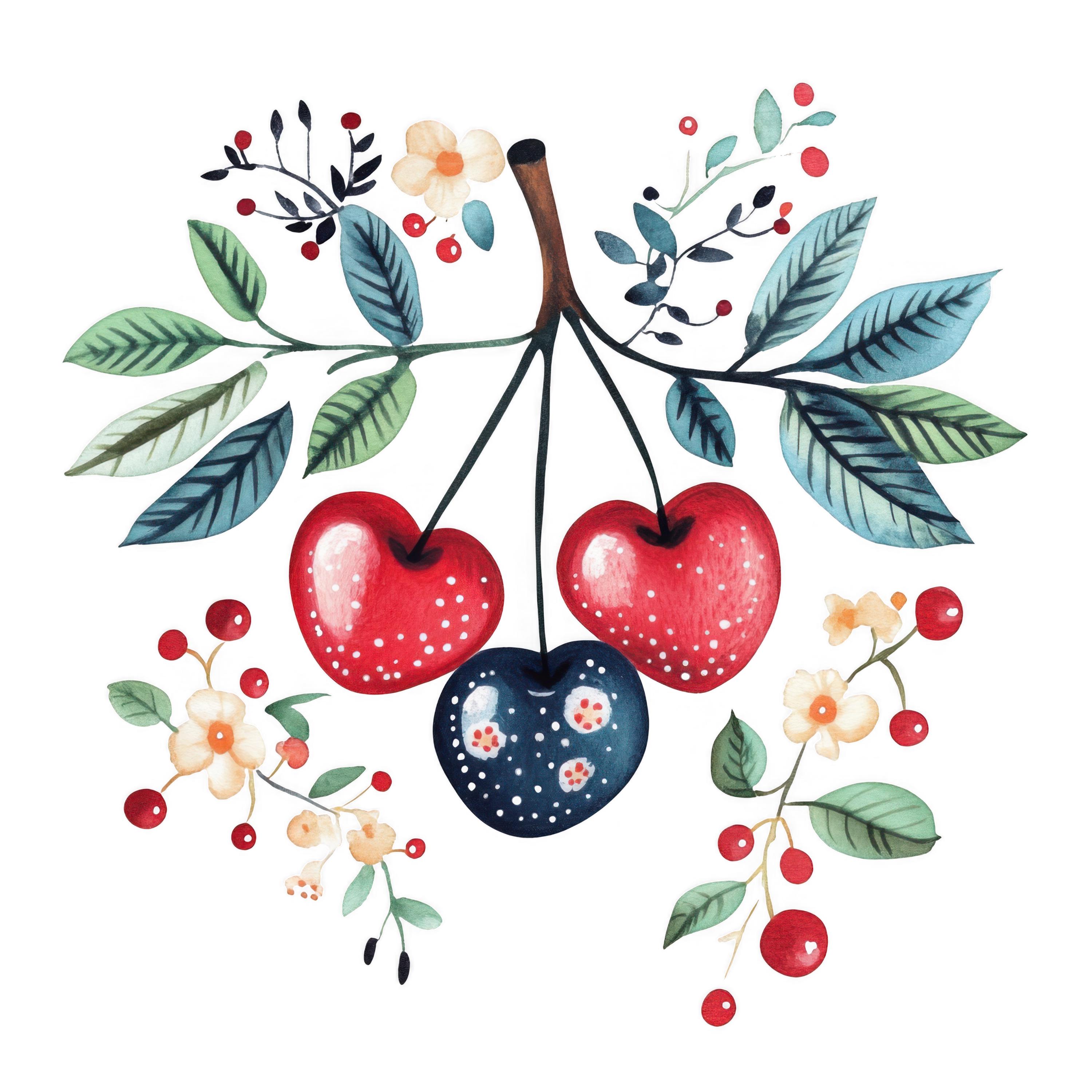 13 Watercolor Cherry Clipart Cherries Scandinavian Folk Art Clip Art ...