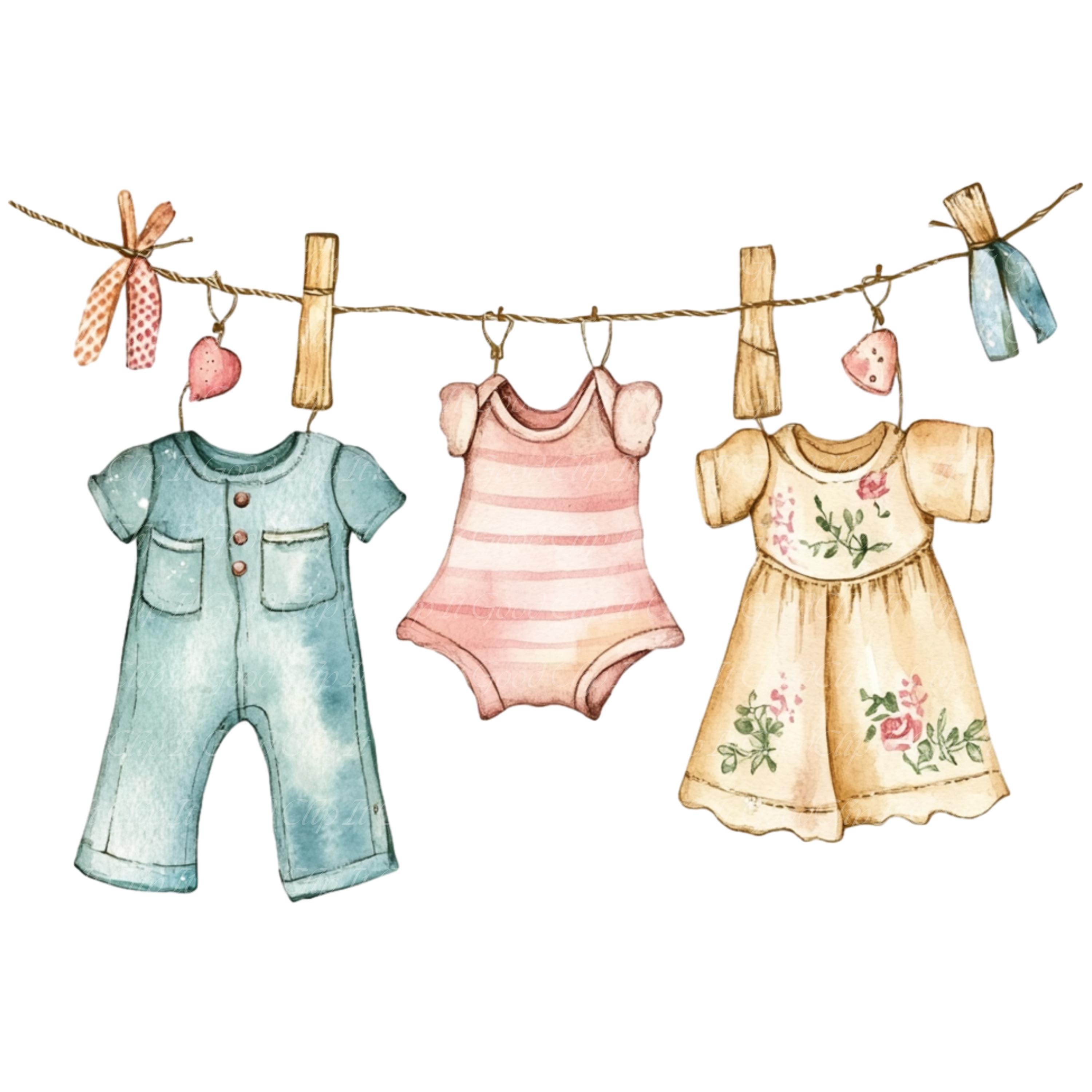 12 Baby Clothesline Clipart Watercolor Baby Shower Clipart Vintage Baby ...