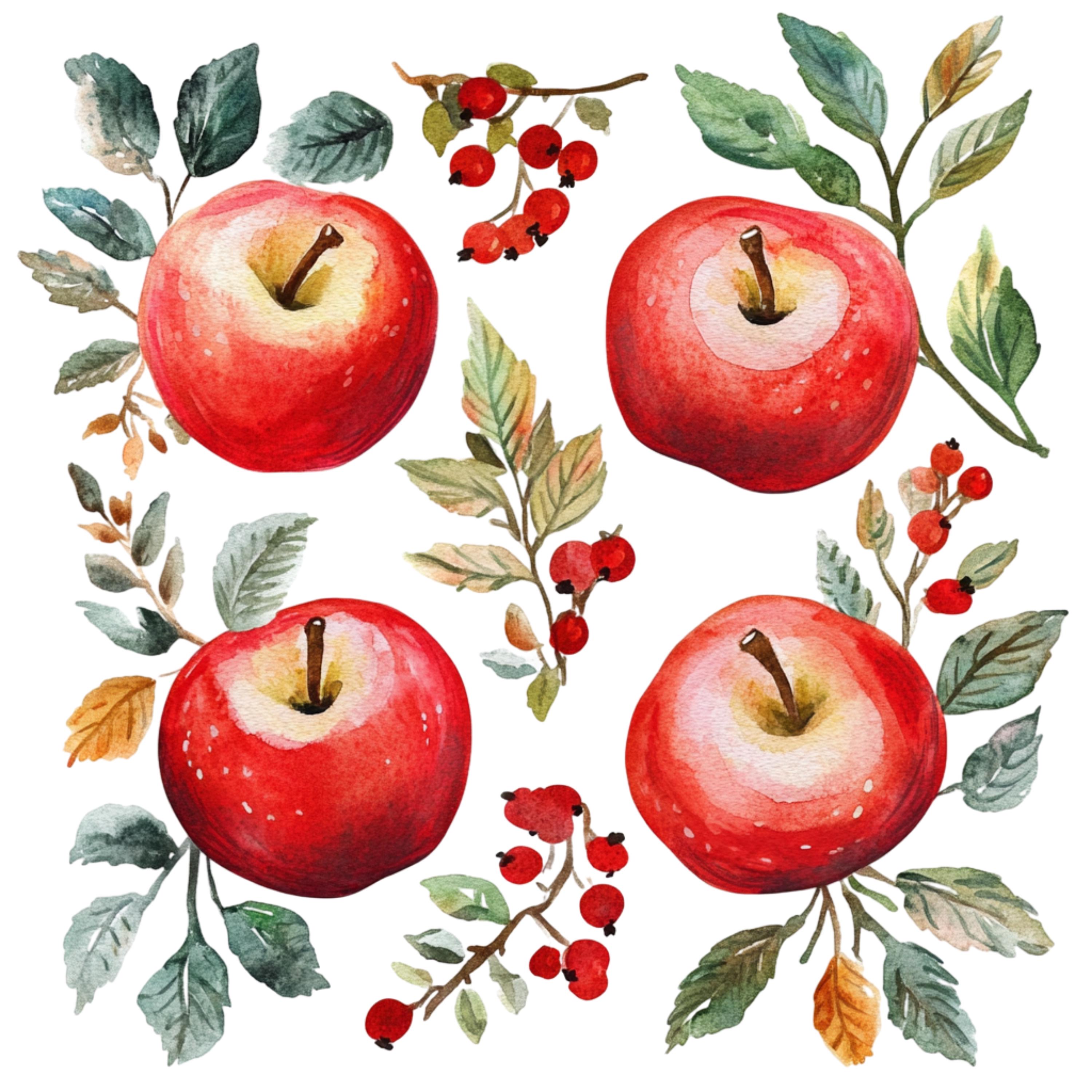 11 Watercolor Red Apple Clipart Red Apples Scandinavian Folk Art Clip ...