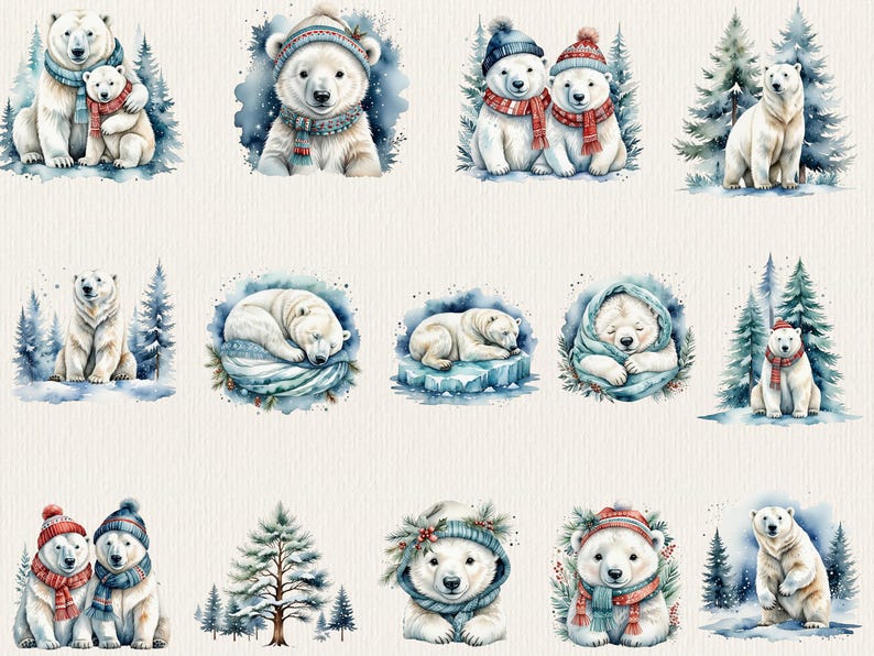 Winter Polar Bears Clipart Winter Wonderland Clip Art Watercolor Arctic ...