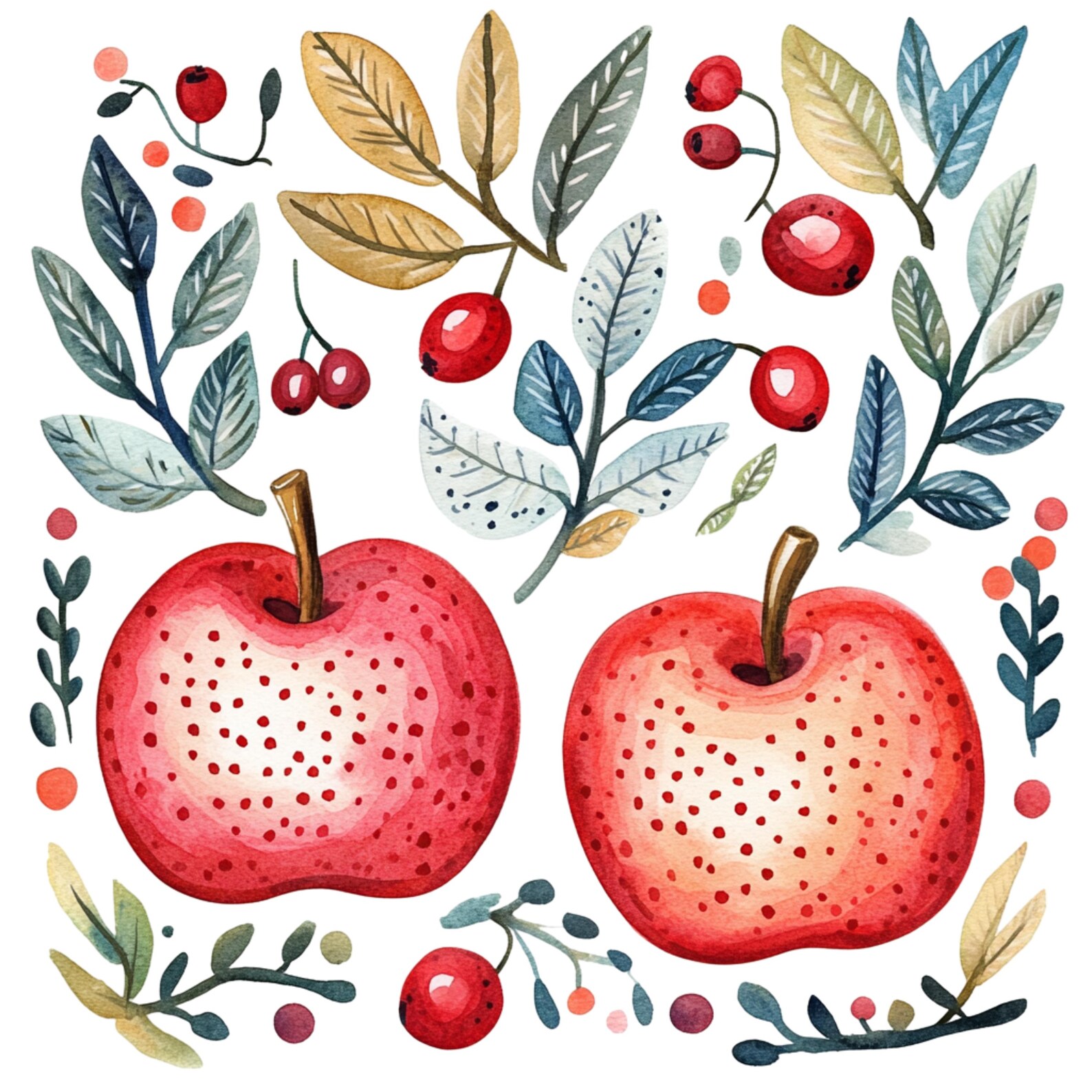 11 Watercolor Red Apple Clipart Red Apples Scandinavian Folk Art Clip ...