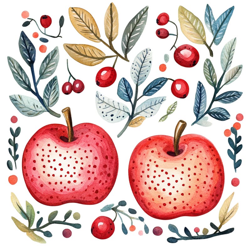 11 Watercolor Red Apple Clipart Red Apples Scandinavian Folk Art Clip ...