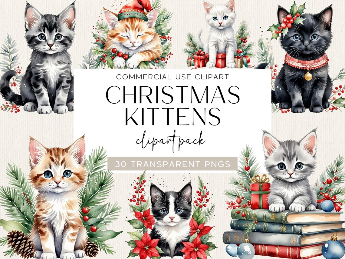 Watercolor Christmas Kittens Clipart Cute Christmas Clip Art Cute ...