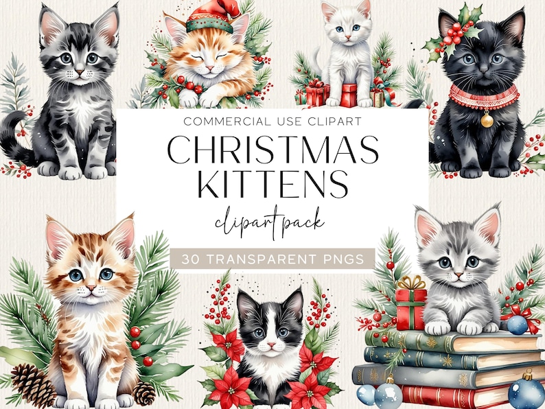 Watercolor Christmas Kittens Clipart Cute Christmas Clip Art Cute ...