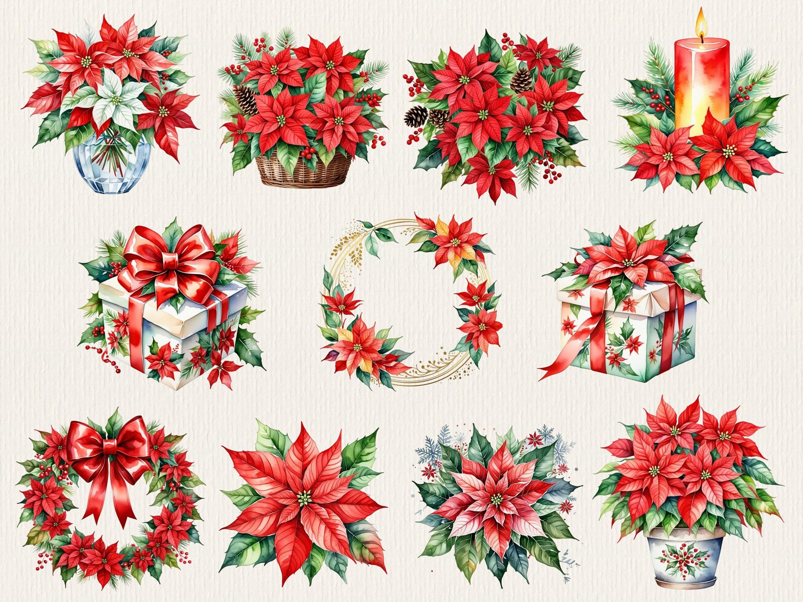 Watercolor Christmas Poinsettias Clipart Christmas Clip Art Poinsettia ...