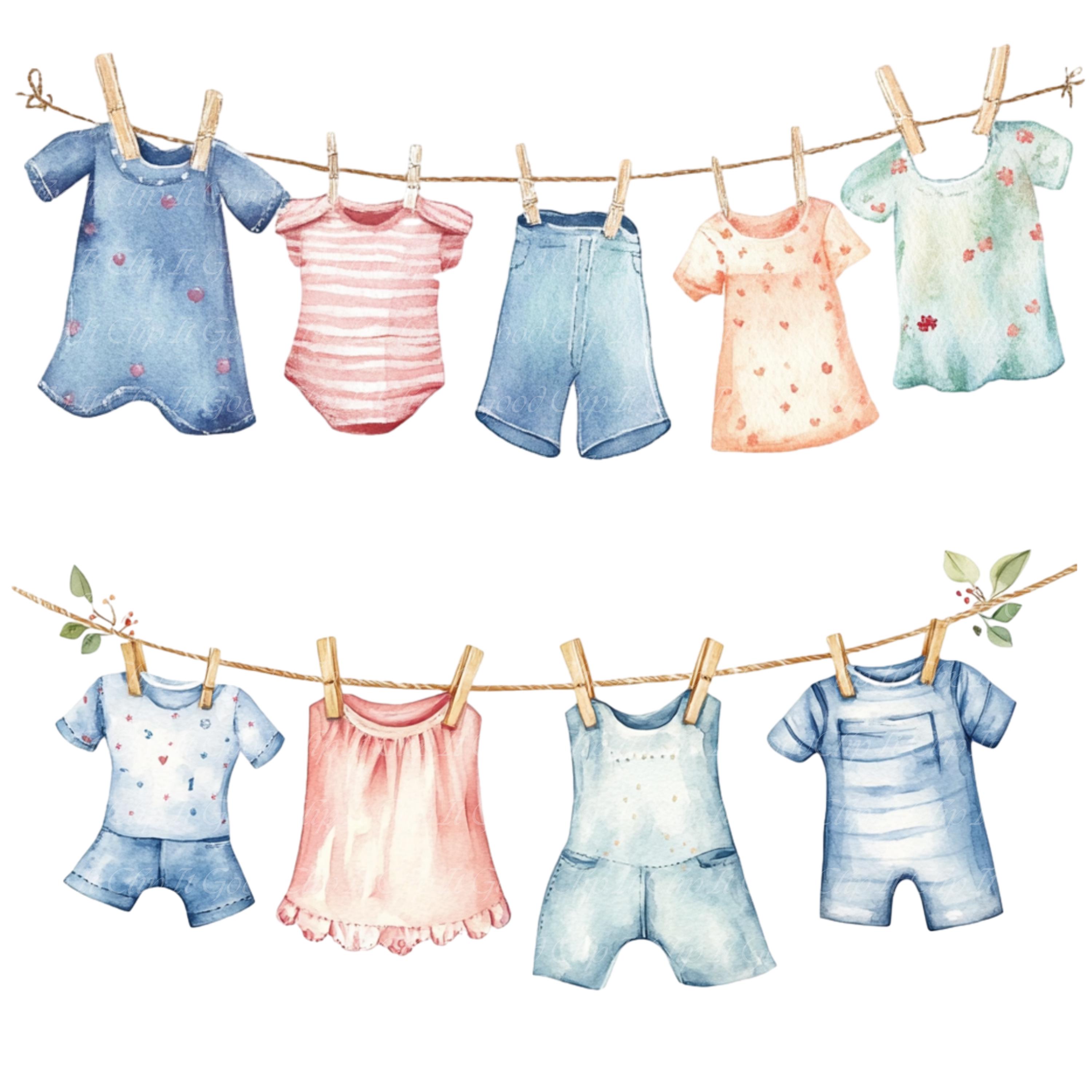 12 Baby Clothesline Clipart Watercolor Baby Shower Clipart Vintage Baby ...