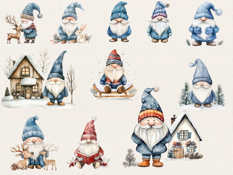 Watercolor Winter Gnomes Clipart Whimsical Festive Gnomes Clip Art Cute ...