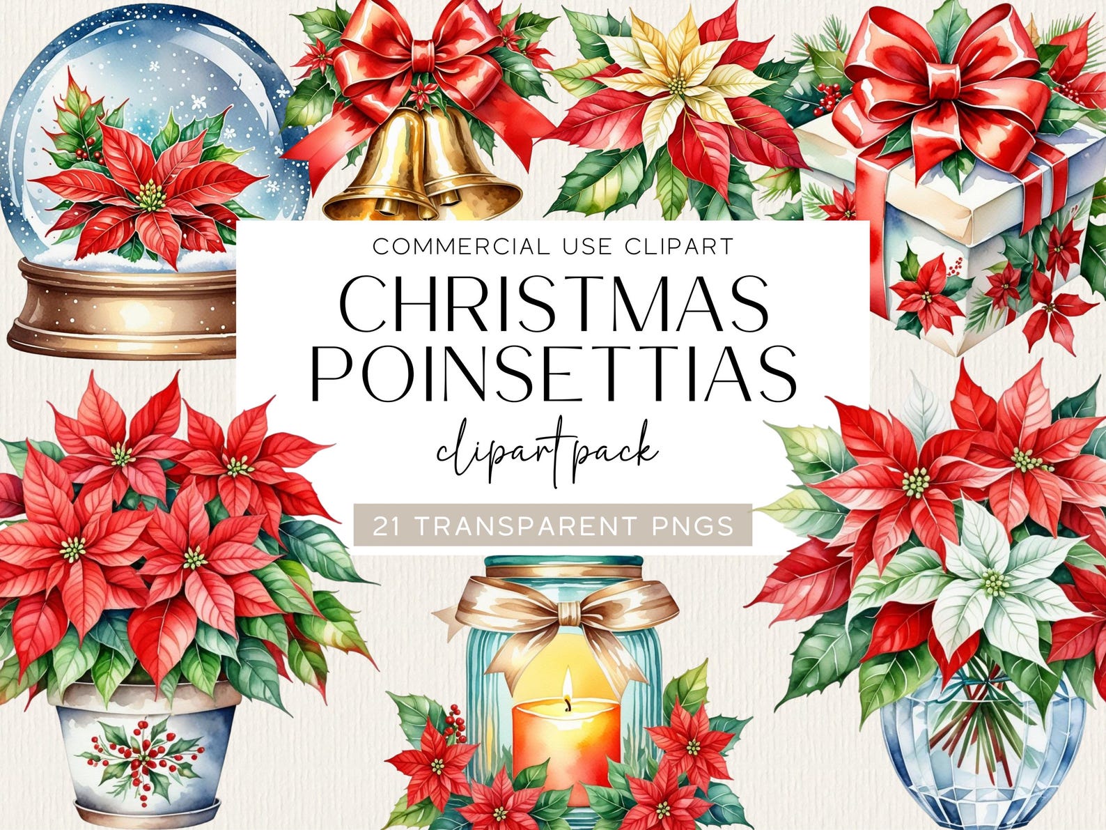 Watercolor Christmas Poinsettias Clipart Christmas Clip Art Poinsettia ...
