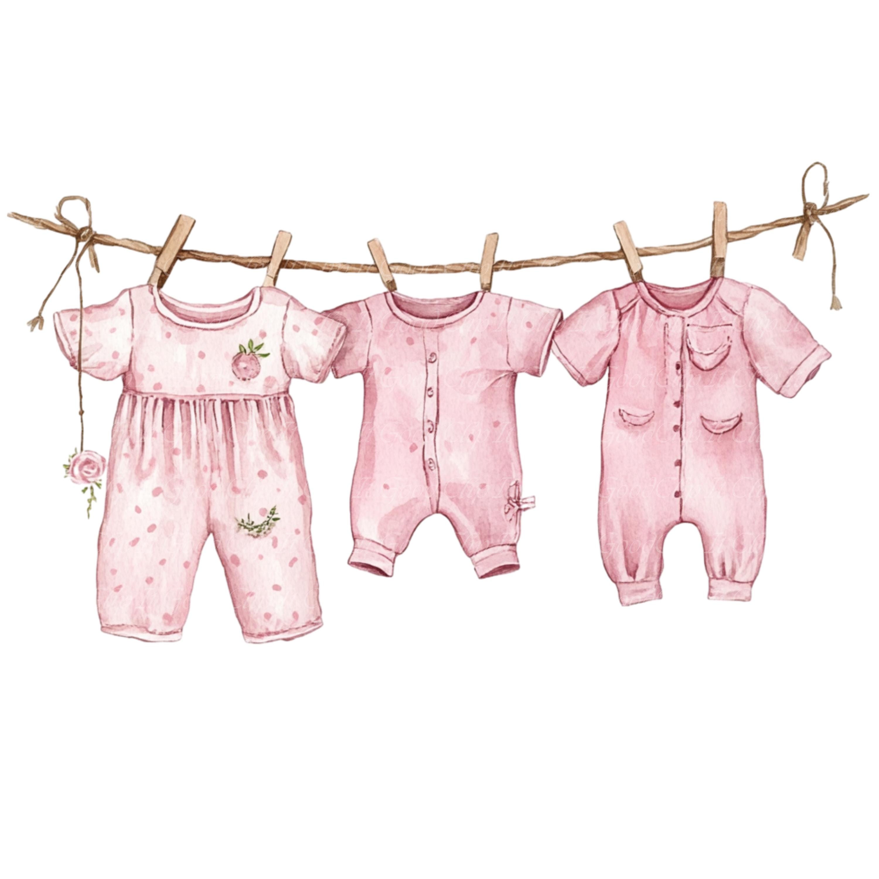 12 Baby Clothesline Clipart Watercolor Baby Shower Clipart Vintage Baby ...