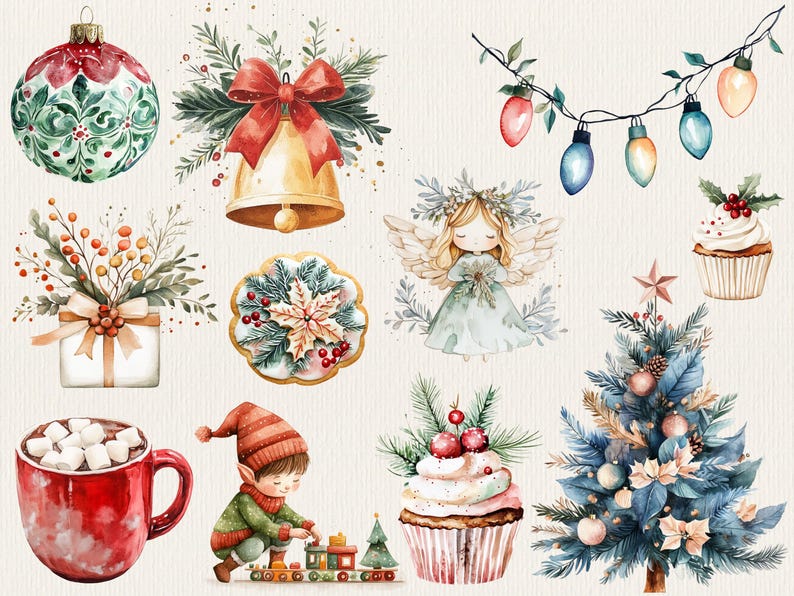 Watercolor Vintage Christmas Elements Clipart Bundle Cozy Christmas ...