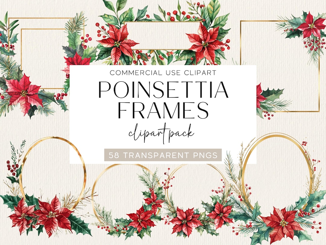 Poinsettia Christmas Frames Clipart Watercolor Christmas Botanical Clip ...