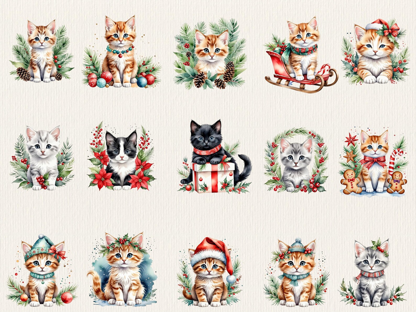Watercolor Christmas Kittens Clipart Cute Christmas Clip Art Cute ...