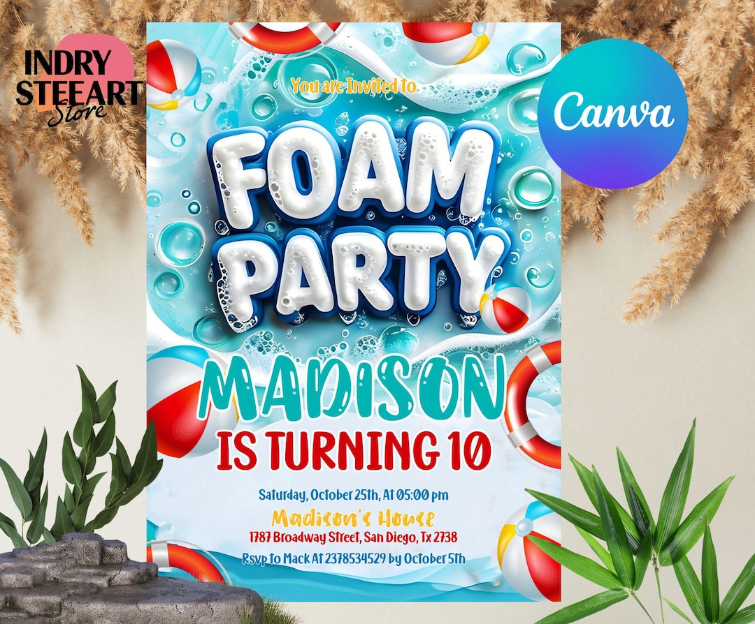 Editable Foam Birthday Party Invitation, Tropical Pool Foam Girly Pool ...