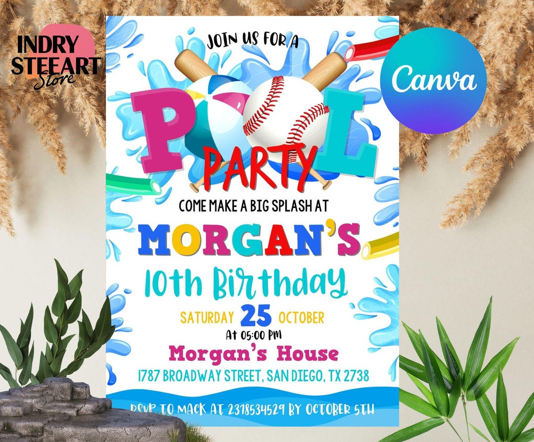 Editable Baseball Pool Birthday Party Invitation, Sports Birthday ...