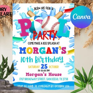 Editable Baseball Pool Birthday Party Invitation, Sports Birthday ...