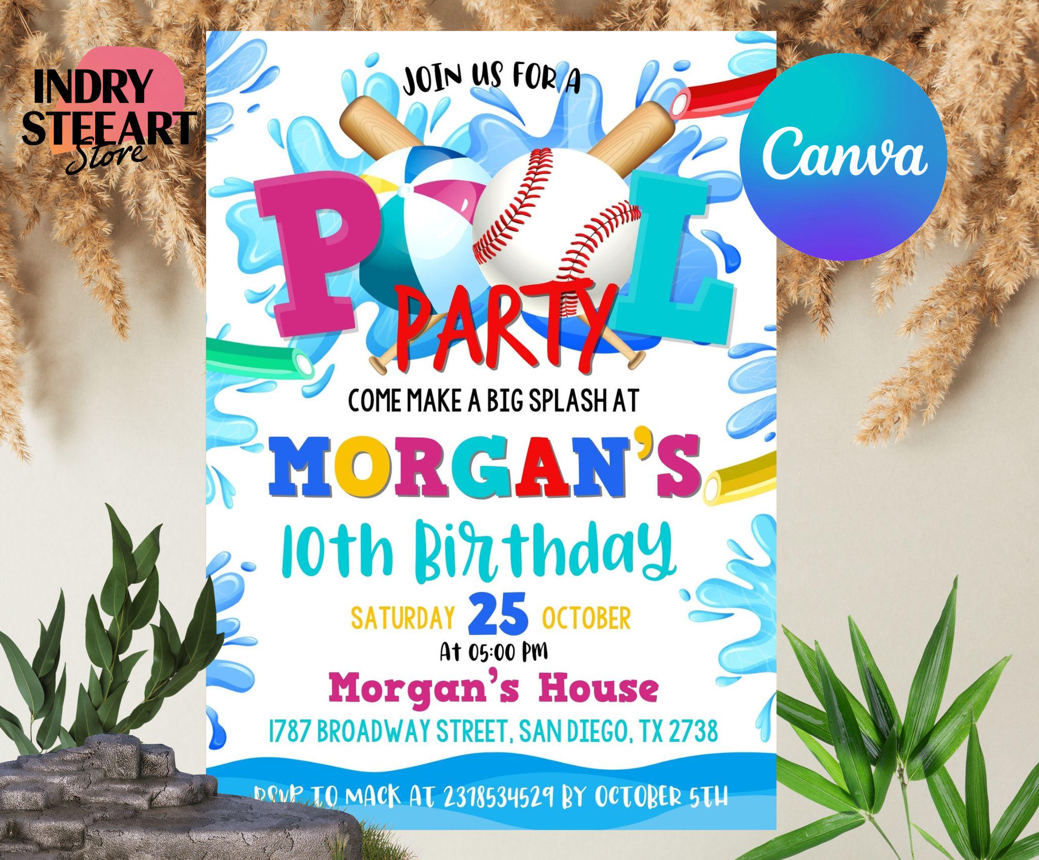 Editable Baseball Pool Birthday Party Invitation, Sports Birthday ...