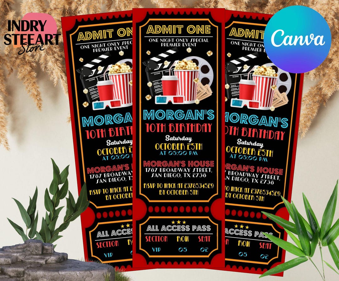 Editable Movie Ticket Birthday Invitation, Movie Party Ticket, Movie ...