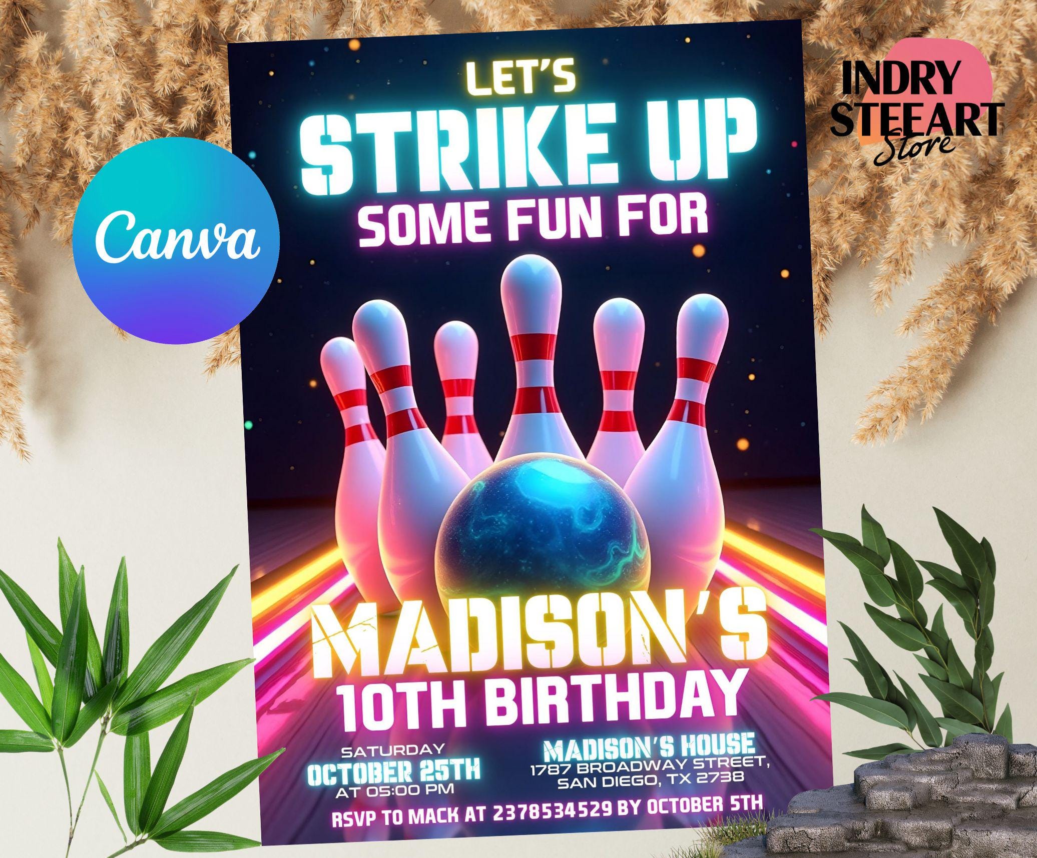 Editable Bowling Birthday Invitation, Glow Bowling Invitation, Neon ...