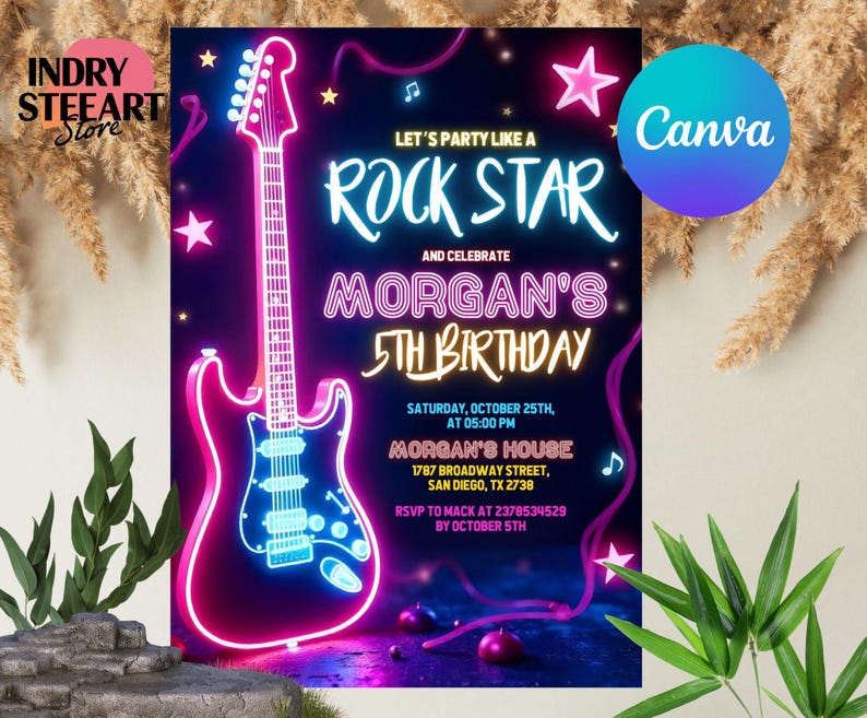 Editable Rock Star Birthday Party Invitation, Neon Glow Party Like A ...