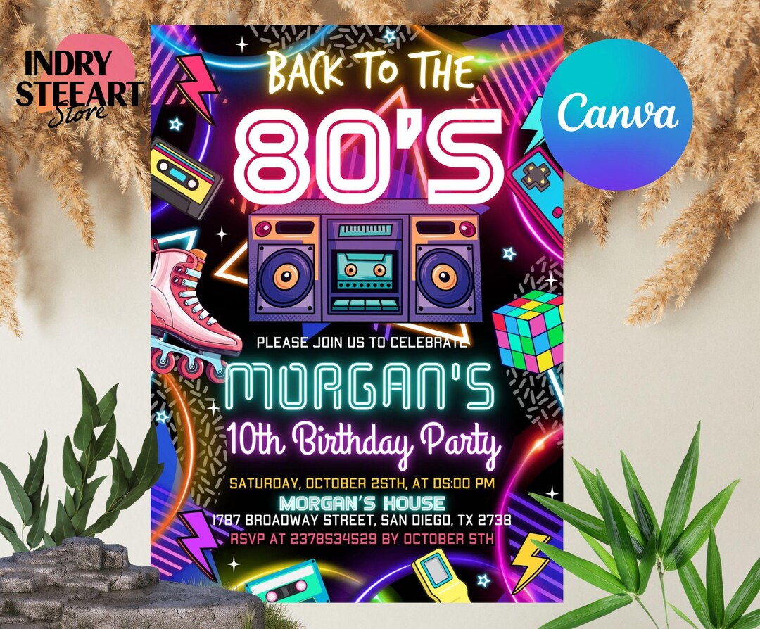 Editable 80s Birthday Party Invitation, Back to the 80s, Throwback Party, Neon Party, Glow Dance ...