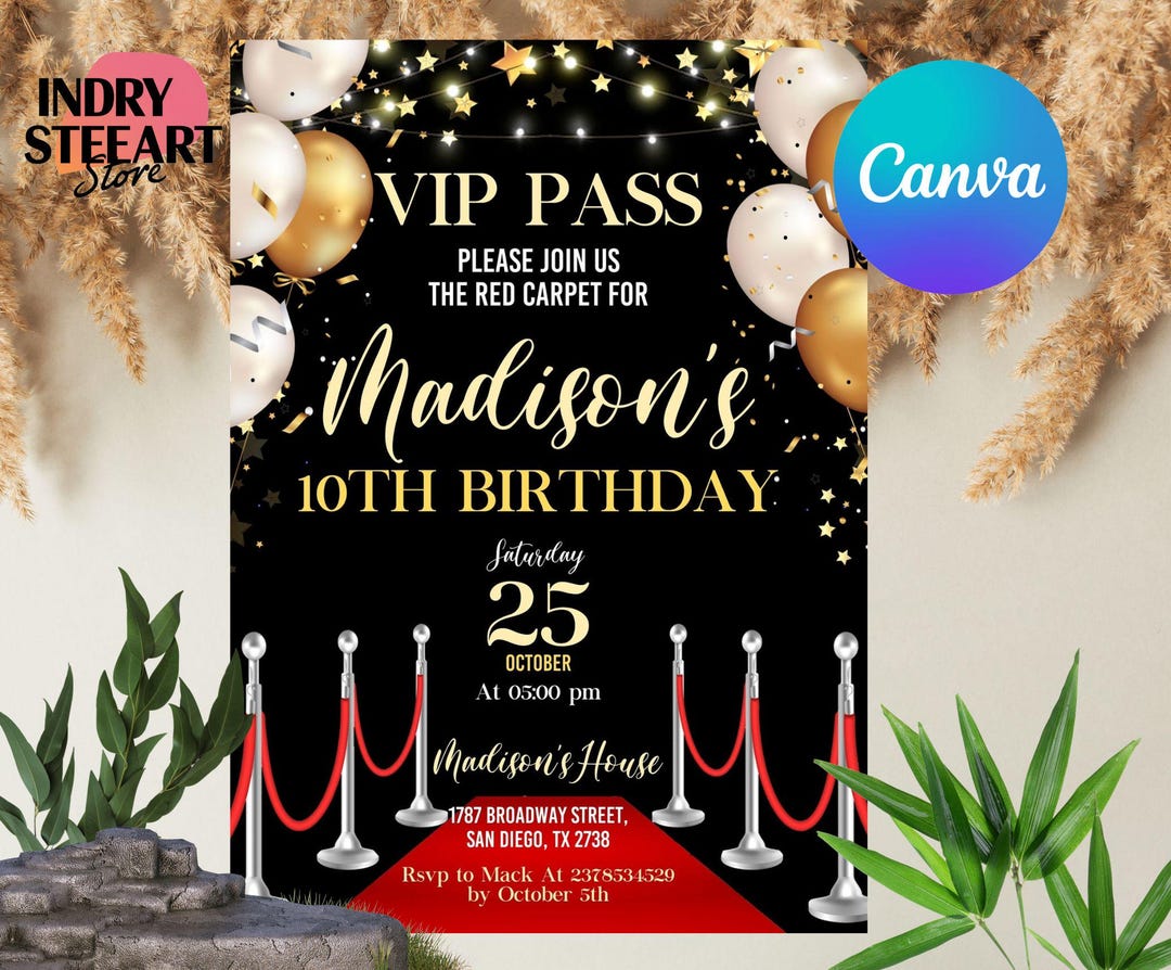 Red Carpet Invitation, Star VIP Pass Birthday Party, Glamorous ...