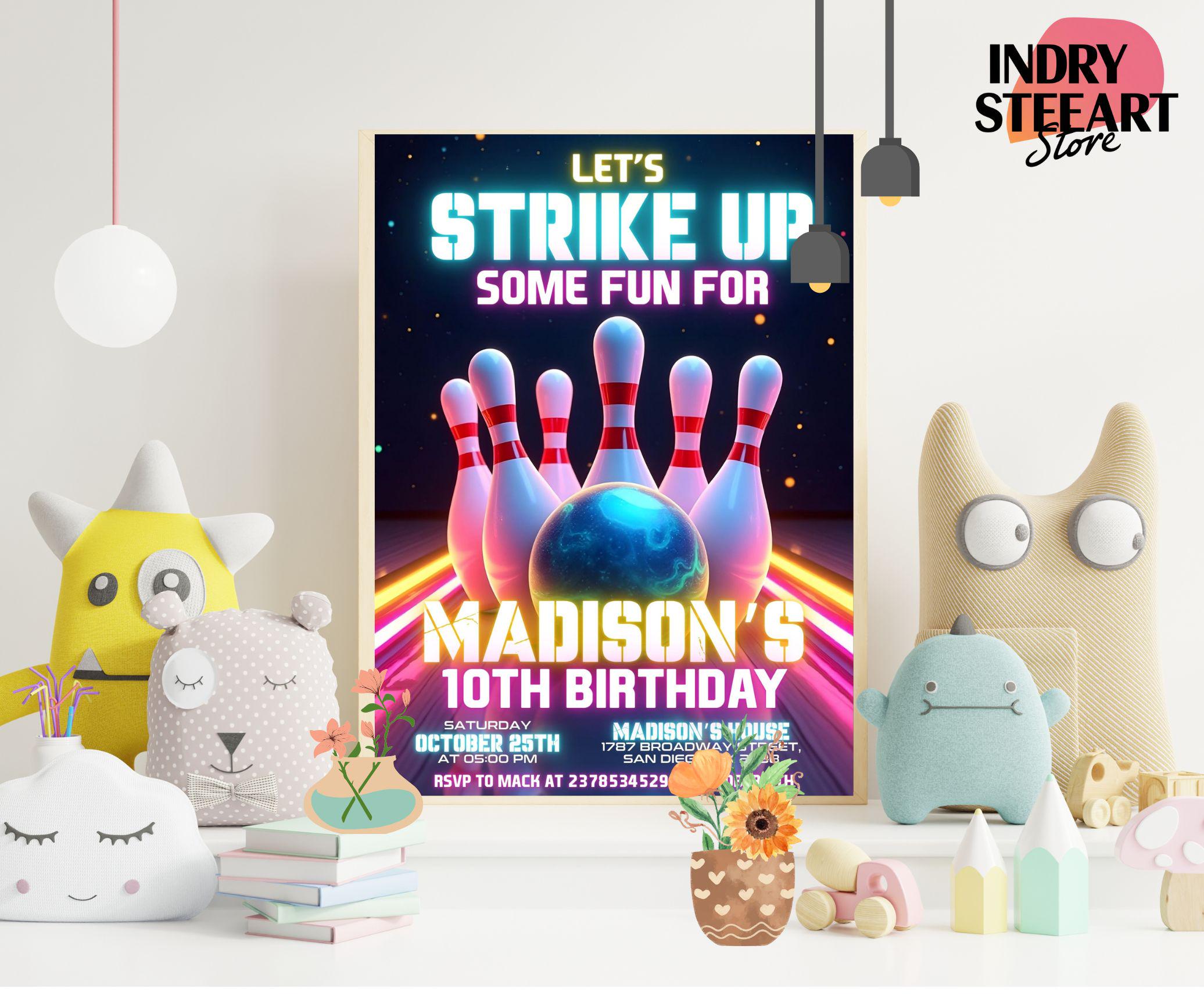 Editable Bowling Birthday Invitation, Glow Bowling Invitation, Neon ...