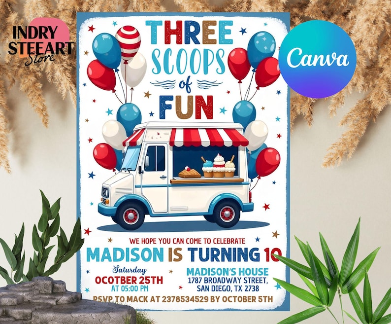 Editable Ice Cream Truck Birthday Invitation, Ice Cream Birthday Invite ...