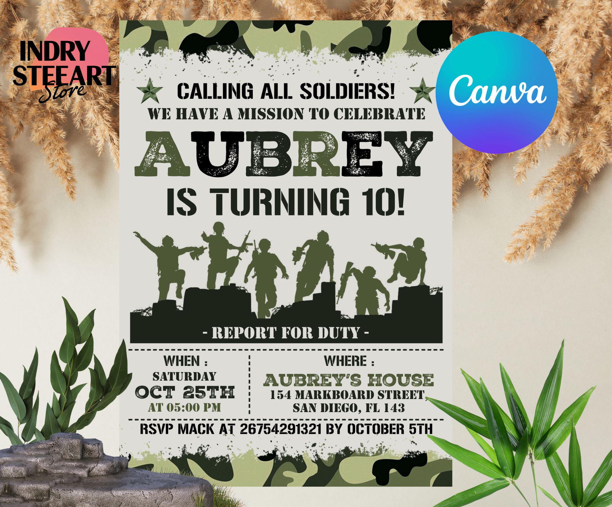 Editable Army Birthday Invitation, Military Party Invitations, Soldier ...