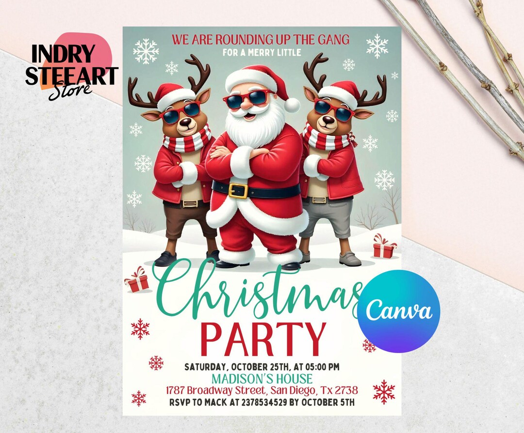Editable Reindeer Christmas Party Invitation, We're Rounding up the ...