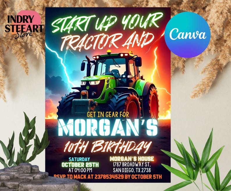 Editable Tractor Invitation, Green Tractor Birthday Invitation, Tractor ...
