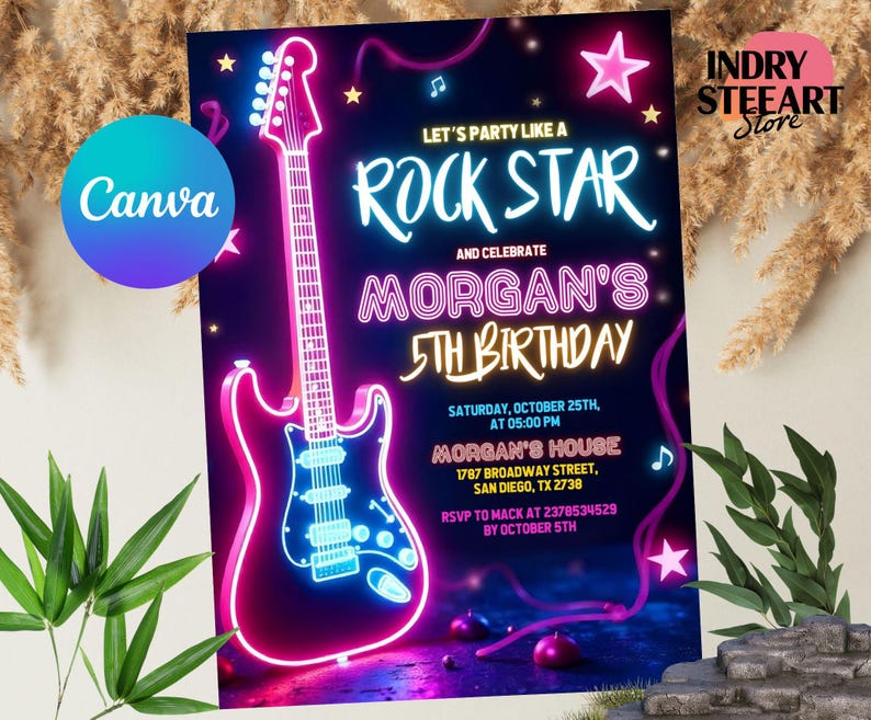 Editable Rock Star Birthday Party Invitation, Neon Glow Party Like A ...