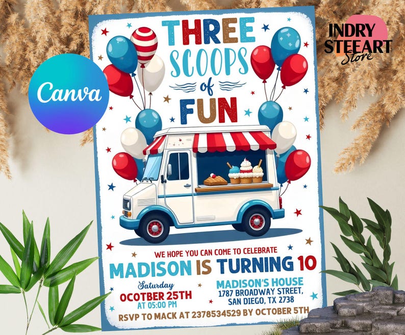 Editable Ice Cream Truck Birthday Invitation, Ice Cream Birthday Invite ...