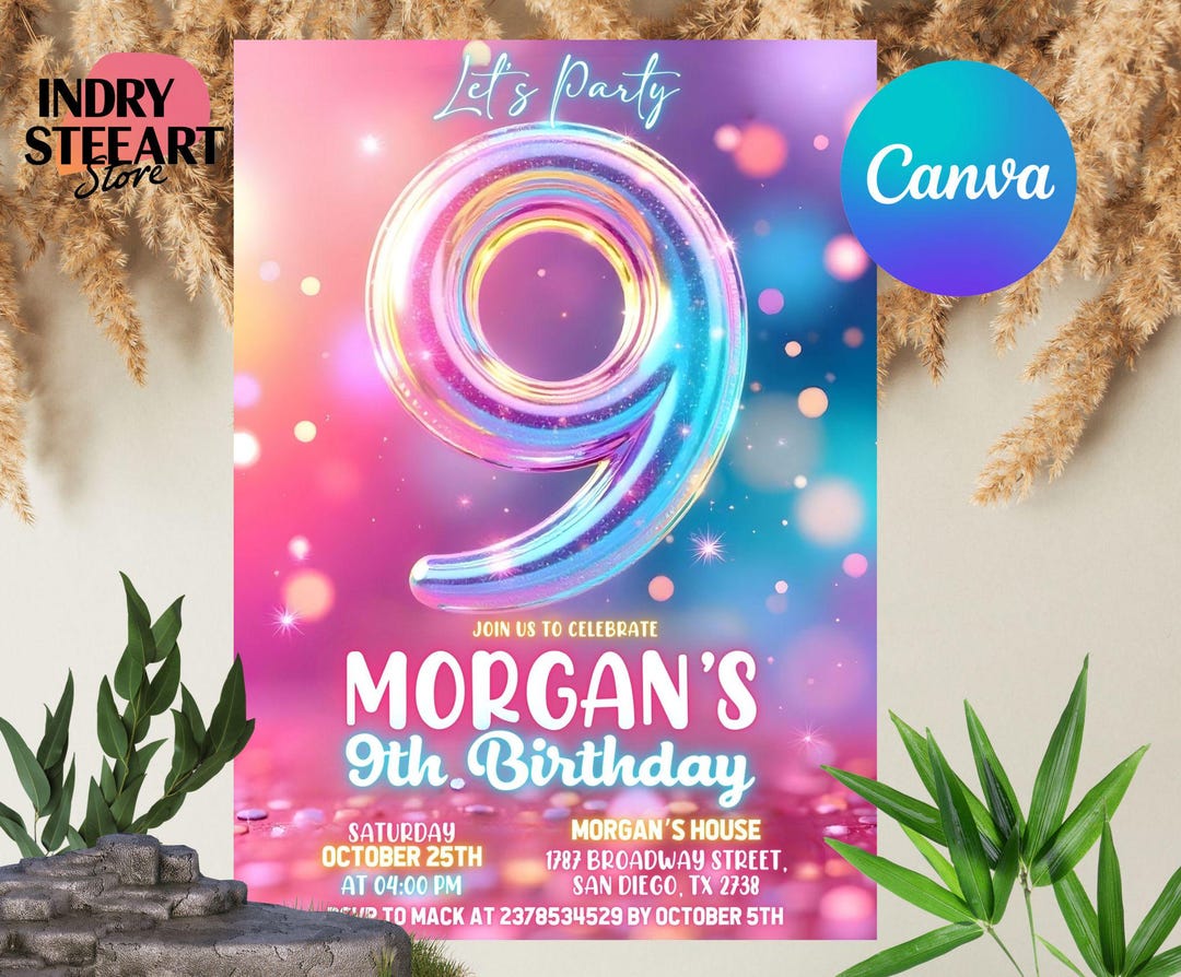 Pink 9th Birthday Invitation, Rainbow Glitter Birthday Invite, Girl ...