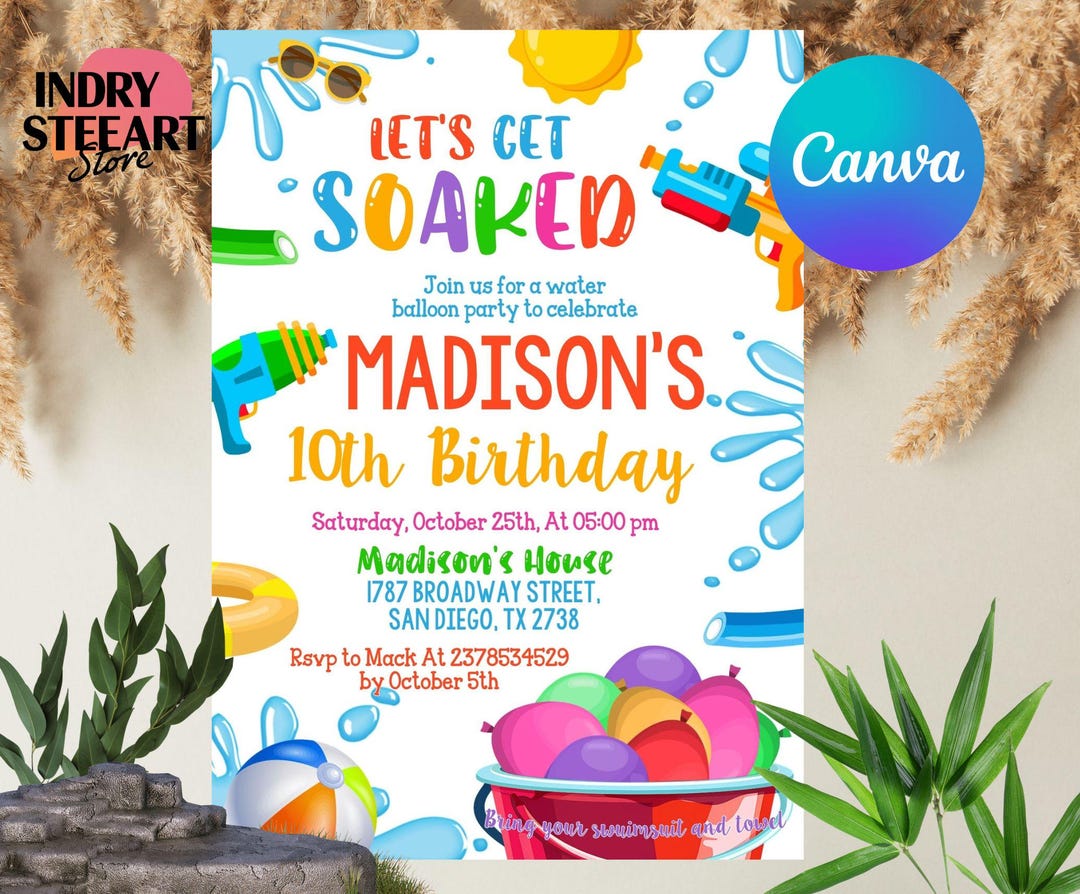 Water Balloon Birthday Invitation, Let's Get Soaked, Summer, Water ...