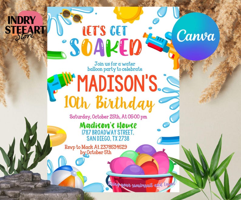 Water Balloon Birthday Invitation, Let's Get Soaked, Summer, Water ...