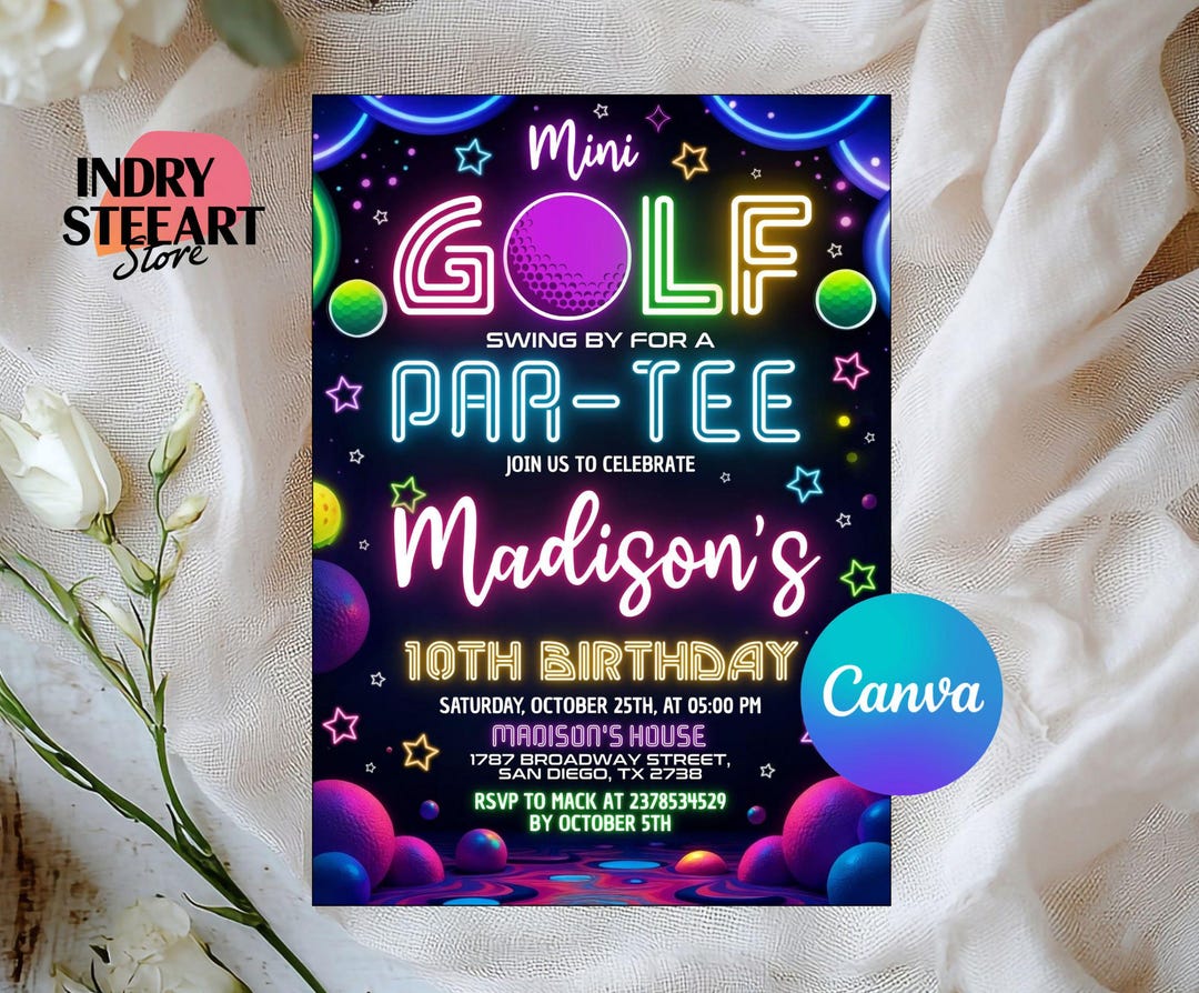 Mini Golf Birthday Invitation Template, Golf Invitation, Glow Party ...