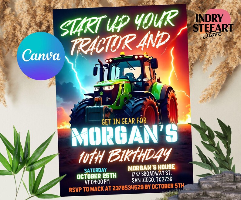 Editable Tractor Invitation, Green Tractor Birthday Invitation, Green ...